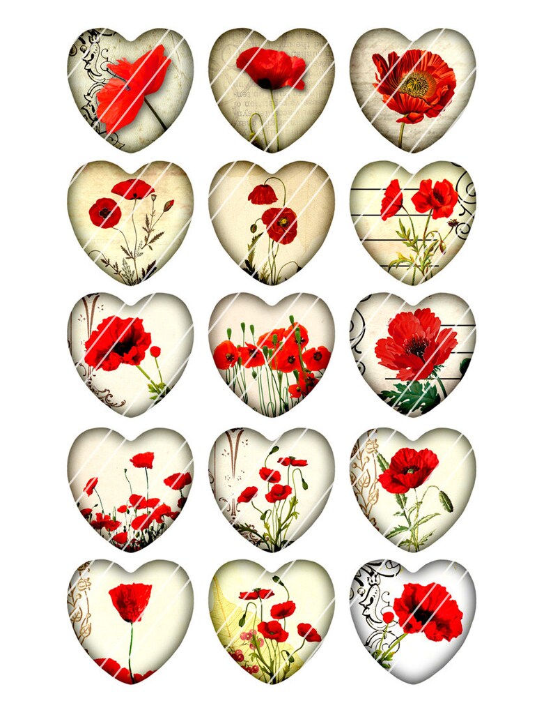 Poppy Heart Shaped Printable Images 1x1 Inch Downloadable | Etsy