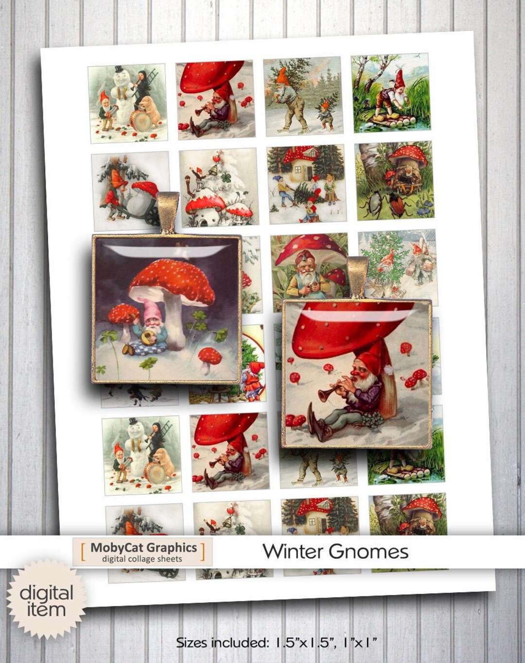 Winter Gnomes Printable Square Images 1x1" and 1.5x1.5" Digital Collage ...