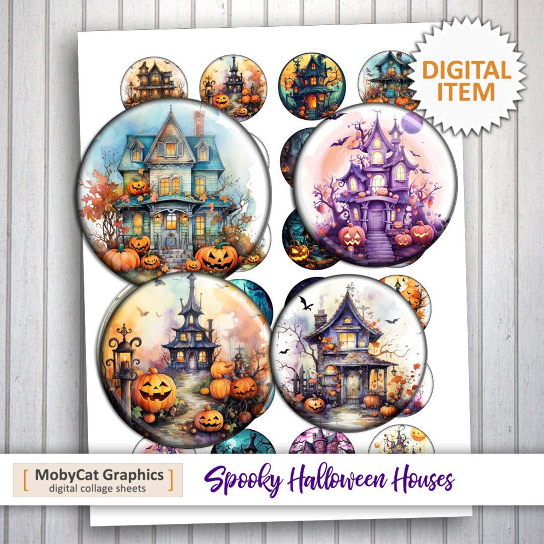 Spooky Halloween Houses 20mm 25mm 1inch 30mm 1.5 Inch Printable Circles ...