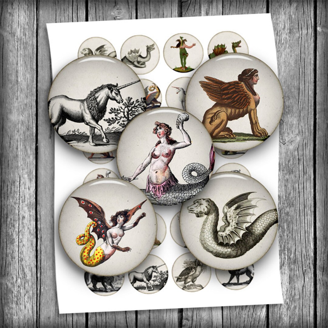 Mythical Creatures Circle Images for Bottle Caps, Jewelry Making 1 Inch ...