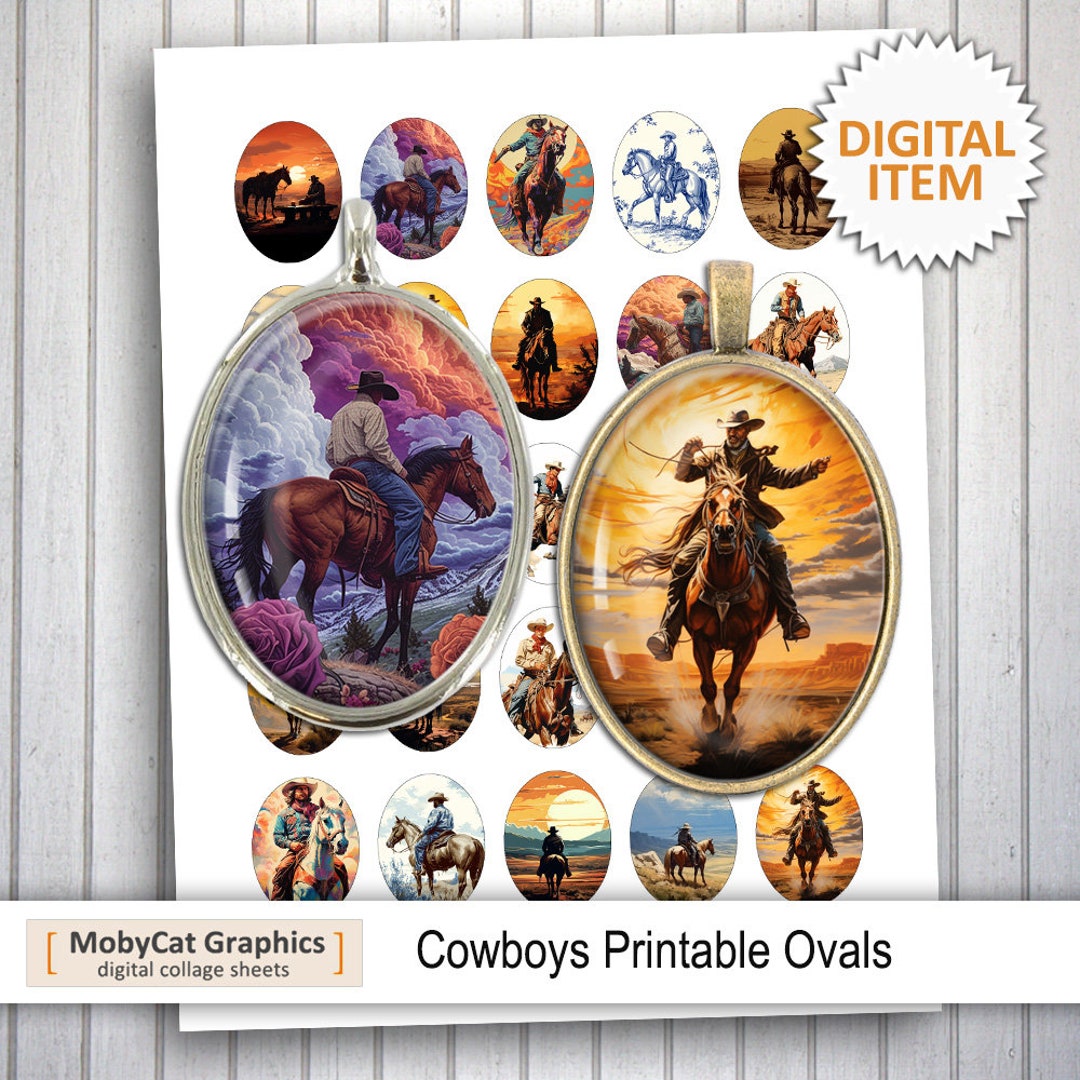 Cowboys 30x40mm Printable Ovals for Cabochons Printable Art Images Digital Collage Sheet Instant ...