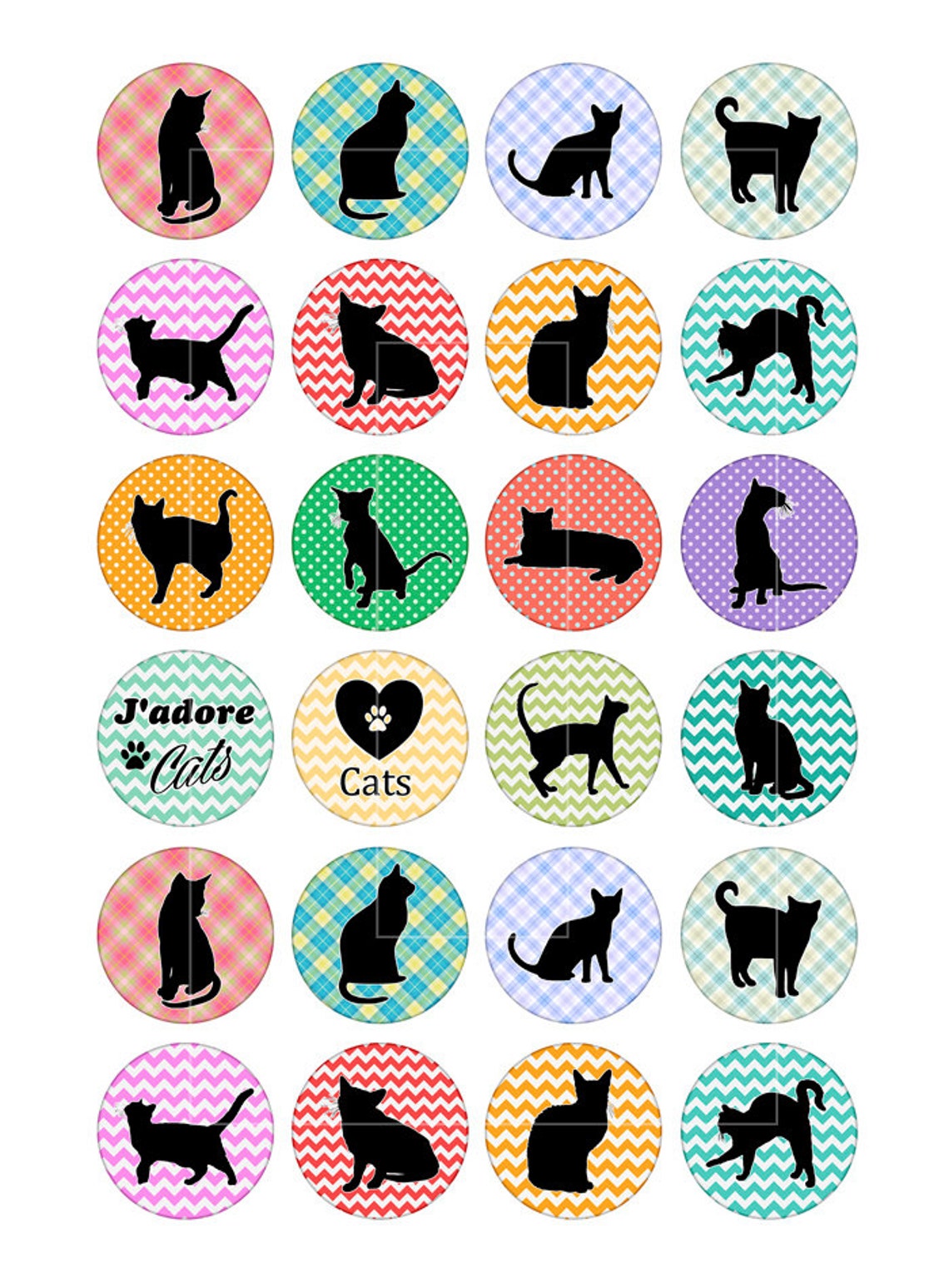 Cats Circles 1" 1.5" 18mm 16mm 25mm Cat Silhouettes Round Printable ...