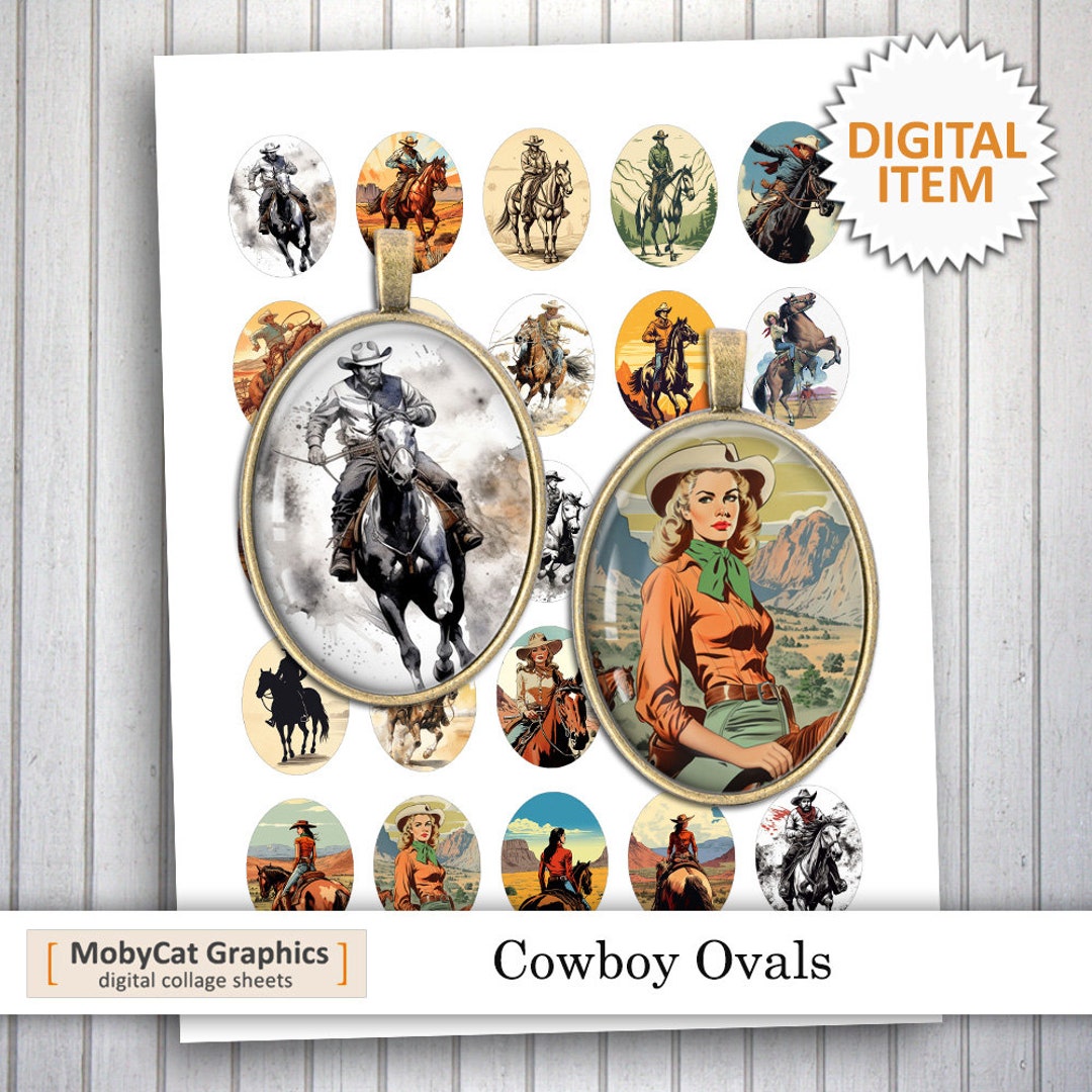 Cowboy Printable Ovals for Cabochons 18x25 Mm 30x40mm Printable Art Images Digital Collage Sheet ...