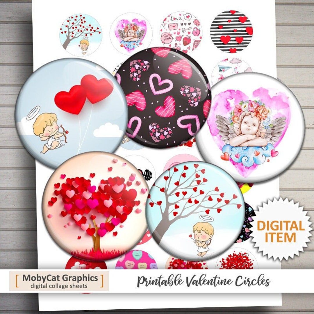 Printable Valentine Circles 20mm 25mm 30mm 1 Inch 1.5 Inch for Bottle ...
