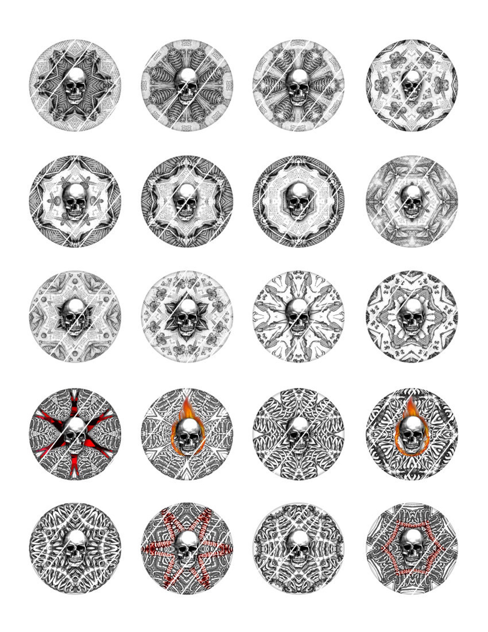 Bones and Skulls Mandalas 1 Inch 20mm 25mm 1.5 Inch Dark Occult Mandala ...