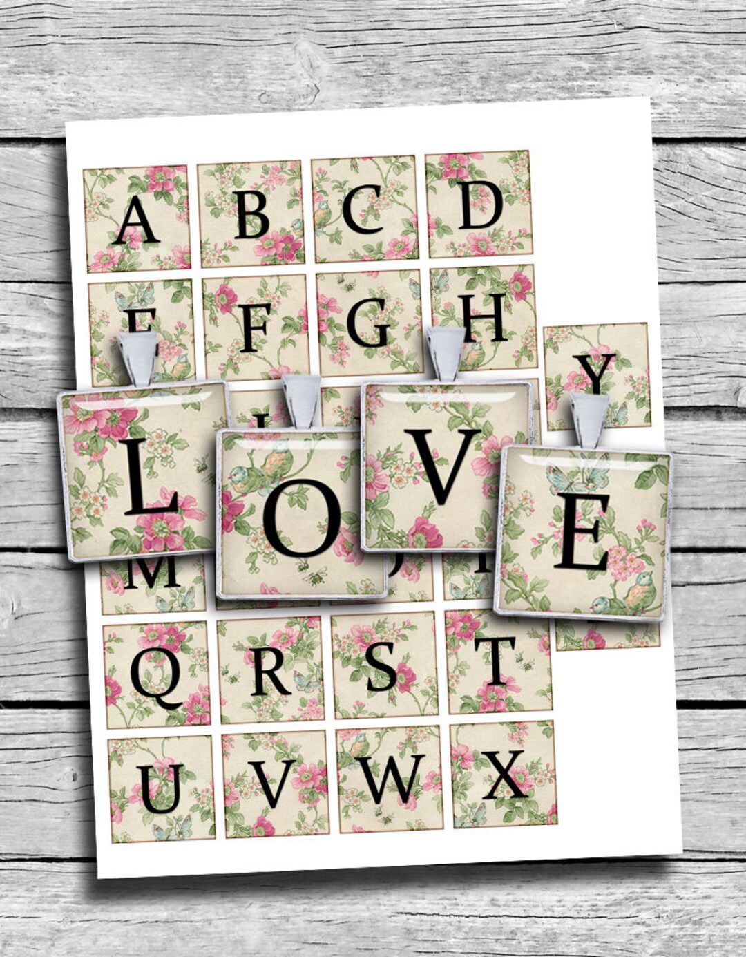 Floral Alphabet Square Images 0.75x0.83 Inch 1x1 Inch and 1.5x1.5 Inch ...