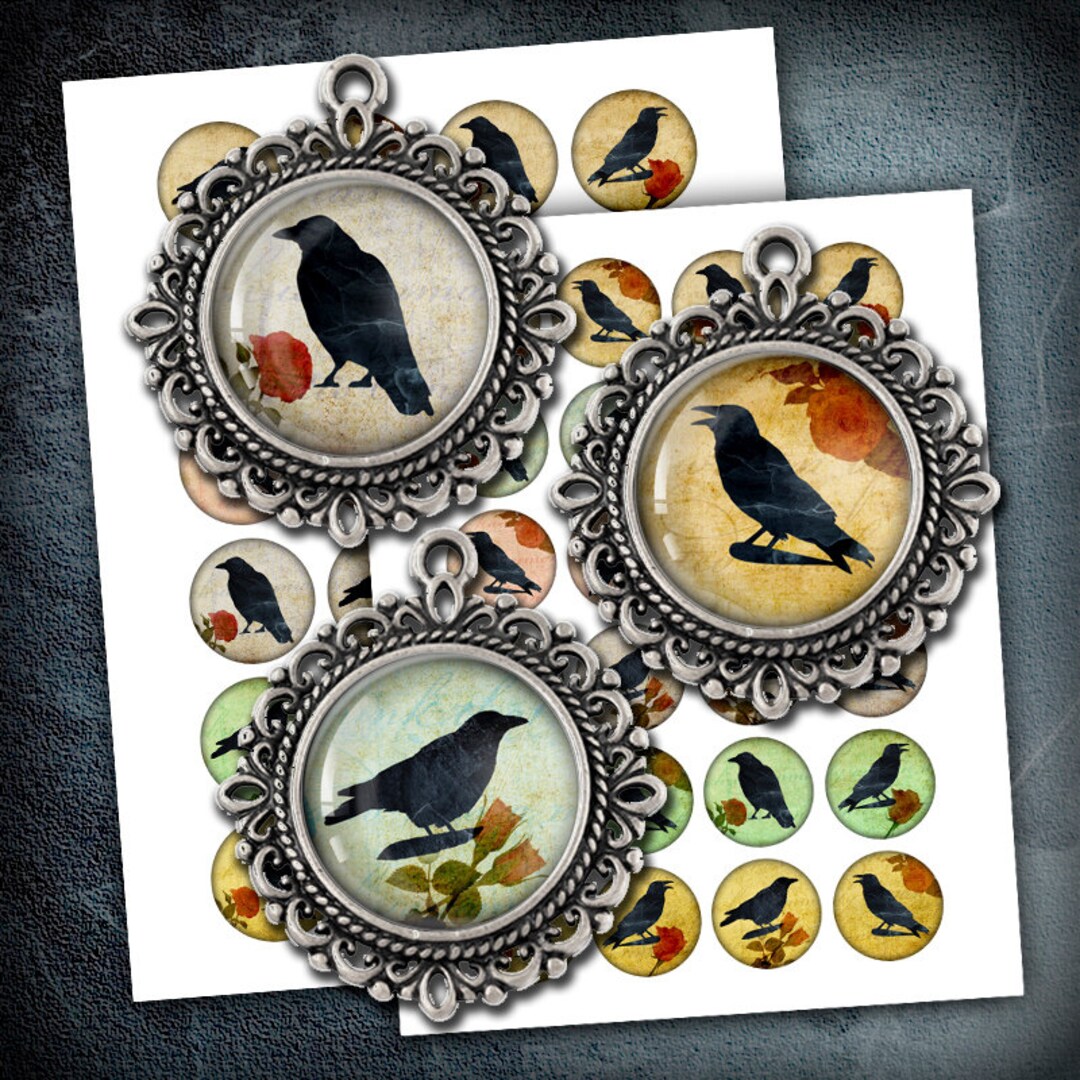 Black Raven - Digital Collage Sheets 1 Inch, 1.5 Inch, 35mm, 30mm for ...