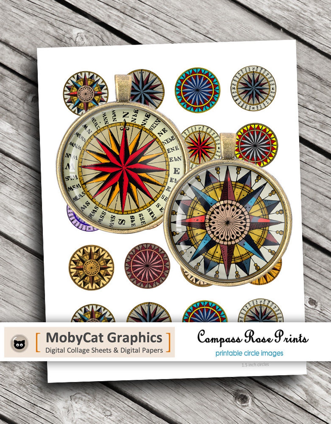 Compass Rose Prints 20mm 1 Inch 25mm 30mm 1.5 Inch Printable Circle ...