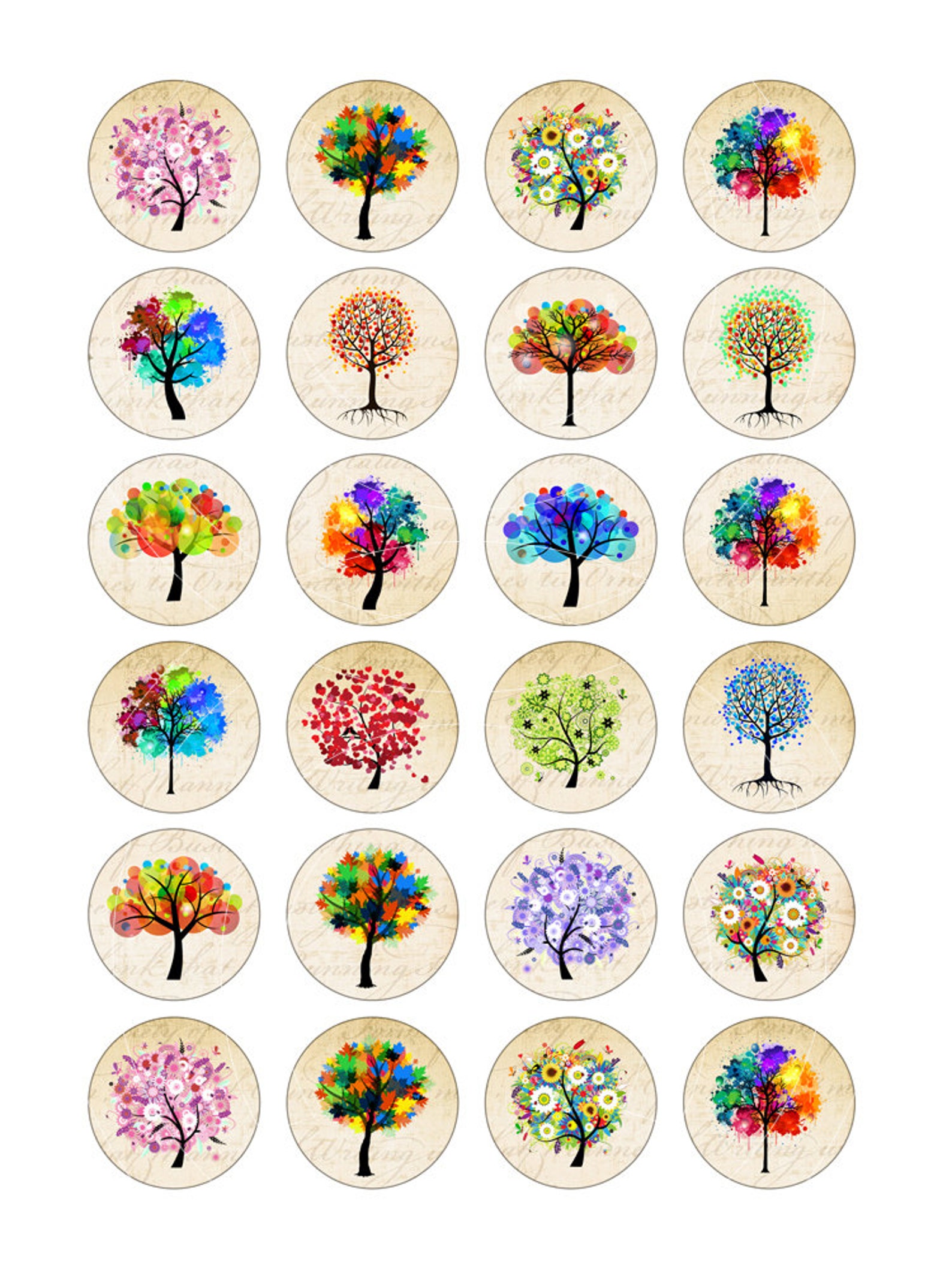 Colorful Trees Digital Collage Sheet 1.313 Inch 1.5 Inch 30mm | Etsy