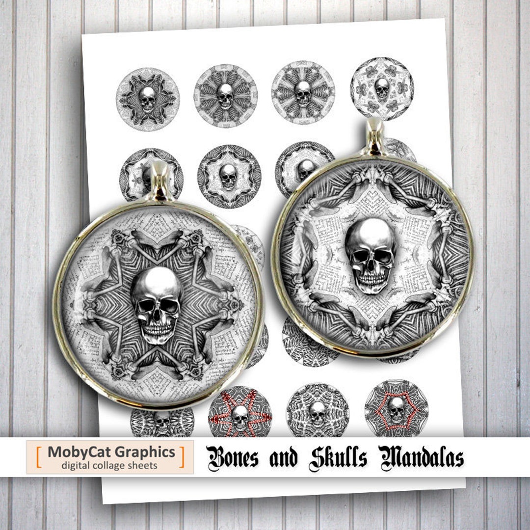 Bones and Skulls Mandalas 1 Inch 20mm 25mm 1.5 Inch Dark Occult Mandala ...