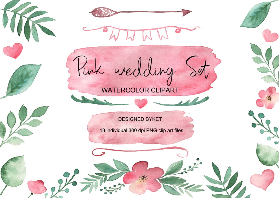Watercolor Pink Wedding Clip Art Set Evergreen Wedding Clipart - Etsy