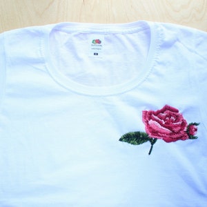 Rose Embroidered T-shirt, White Women T-shirt, Hand Embroidered Flower ...