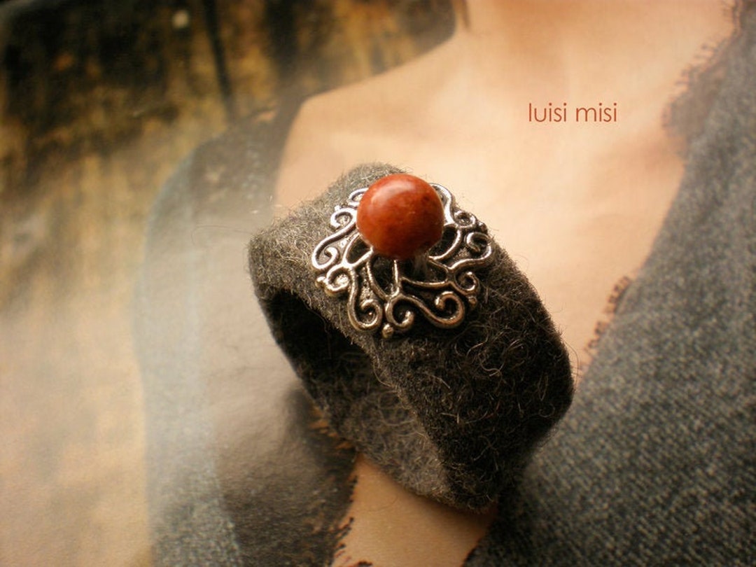Ring , Felt Jewelry, With Coral Bead on Top, Felt Ring, Handmade Felt ...