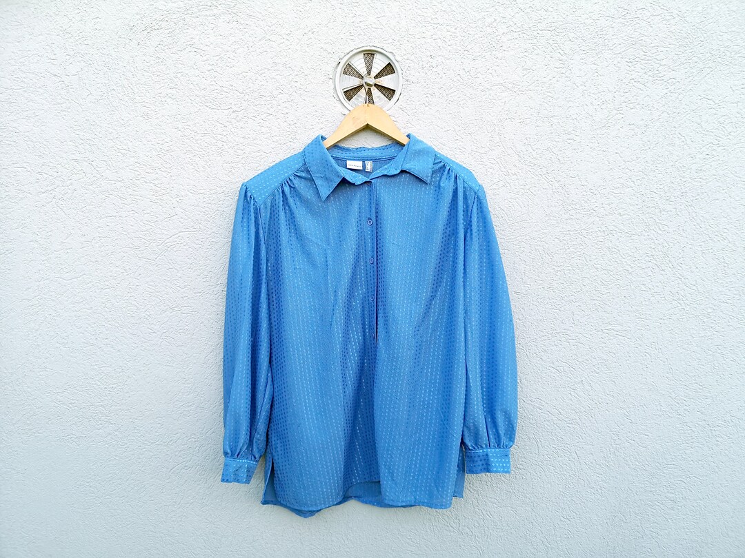 1980s Vintage Oversized Metallic Blue Polka Dot Blouse - Monochromatic ...