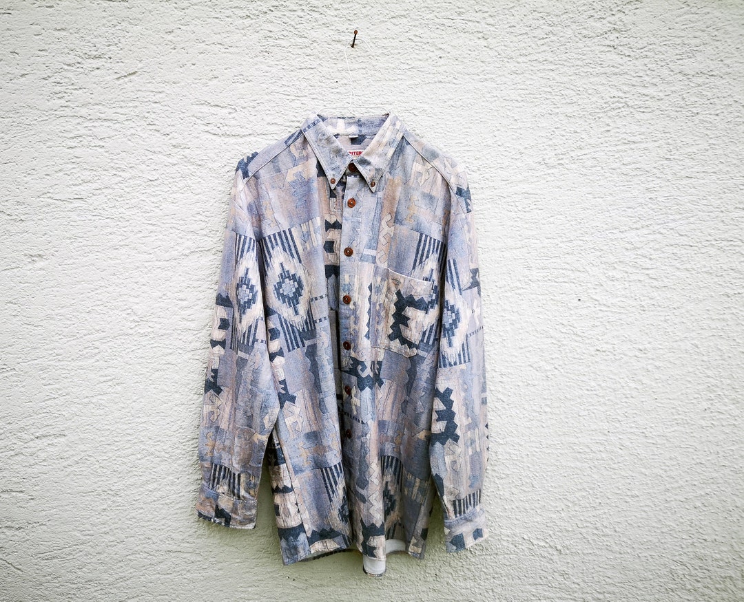 Mens Aztec Pattern Shirt Size Medium Vintage Jupiter Long Sleeve Button ...