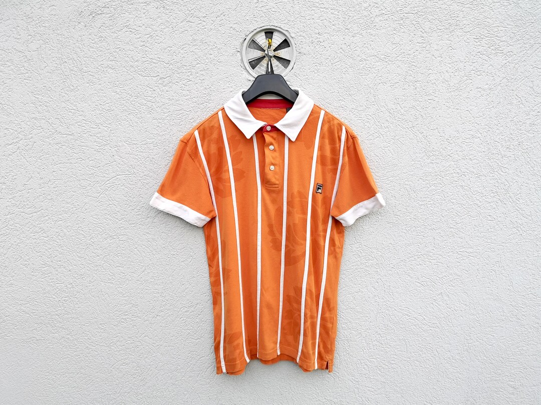 Vintage Fila Retro Style Mens Polo Shirt Orange White Striped Floral