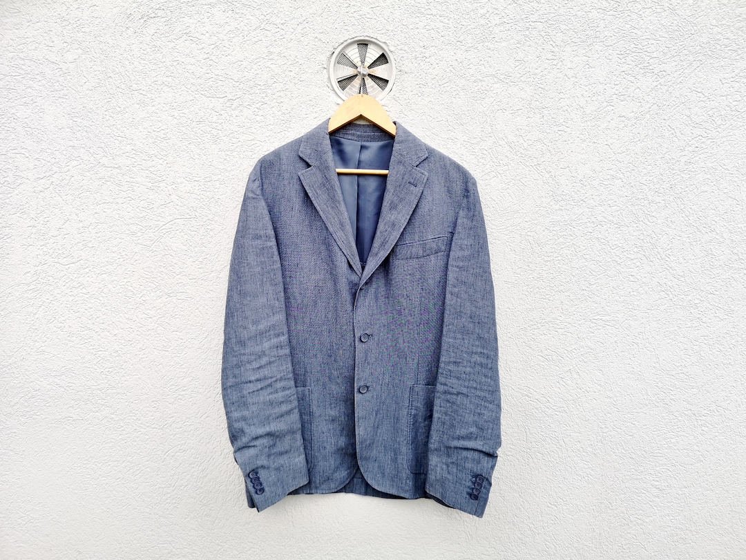 Blue Linen Men's Blazer - Doppelganger Preppy Modern Flax Jacket, Size ...