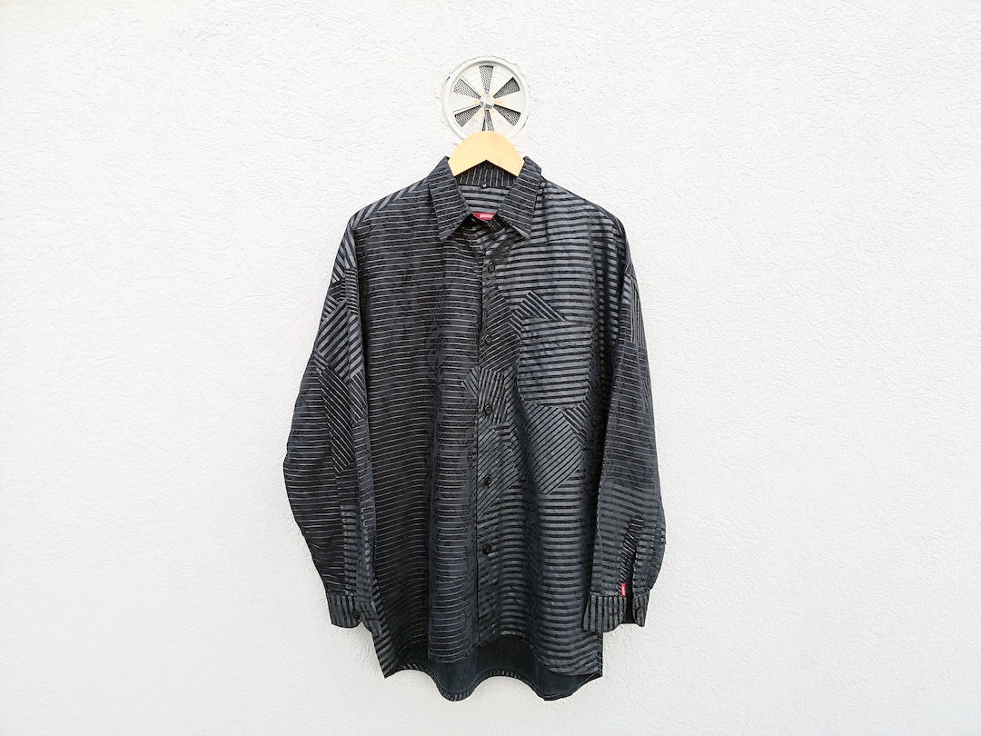 SIGNUM Black Floral Shirt Size Medium Striped Monochromatic Botanical ...
