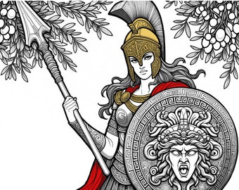 Hand-drawn Adult Coloring Page of the Ancient Greek Goddess Athena, Her ...