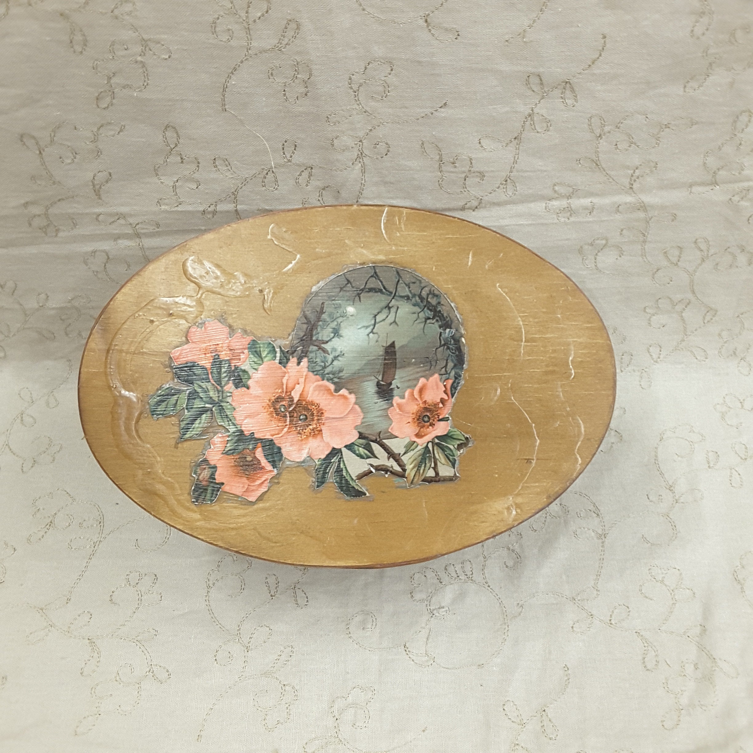 Vintage Wood Oval Shaker Style Box With Decoupage Flower Art - Etsy