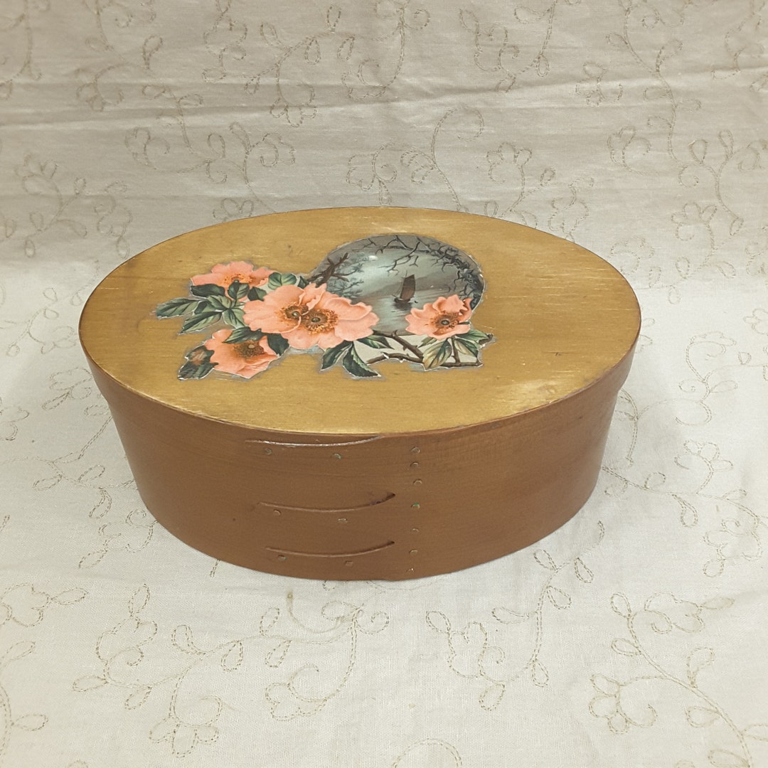 Vintage Wood Oval Shaker Style Box With Decoupage Flower Art ...