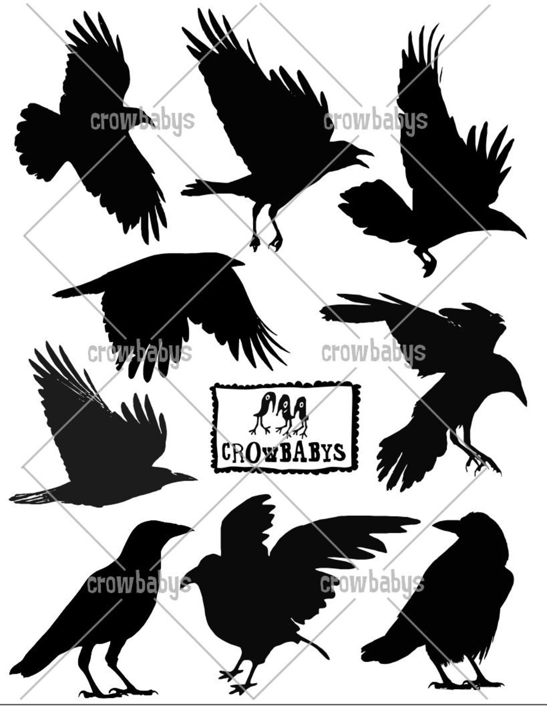 Set of Large 9 Crow Decals - Flying and Standing Black Bird Raven ...