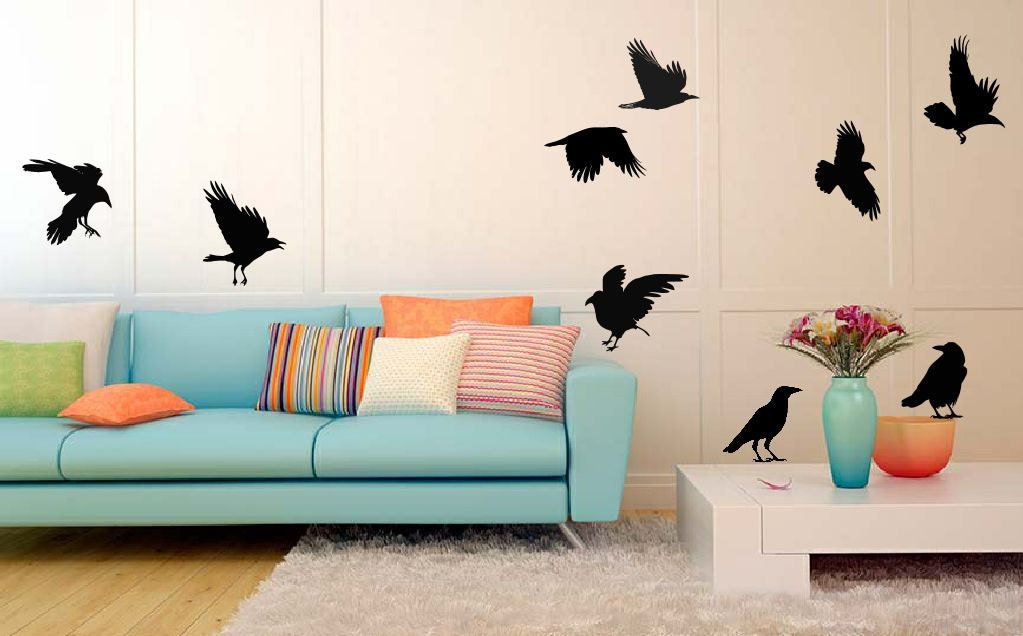 Set of Large 9 Crow Decals Flying and Standing Black Bird - Etsy