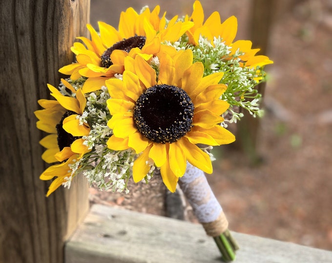 Sunflower and Baby's Breath Bouquet, Wedding Bouquet, Bride Bouquet ...