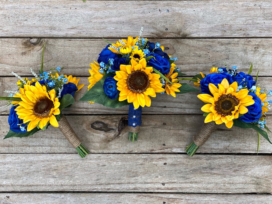 Royal Blue and Sunflower Bouquet, Sunflower and Rose Bride Bouquet ...