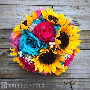 Sunflower Bouquet, Summer Bouquet, Fuchsia and Turquoise Bouquet, Hot ...