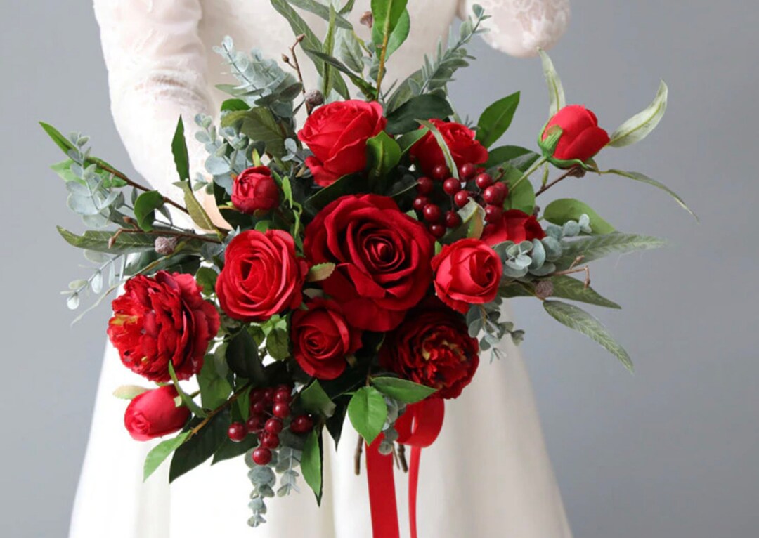 Red Bouquet, Boho Bouquet, Wedding Flowers, Bride Bouquet, Rose Bouquet ...
