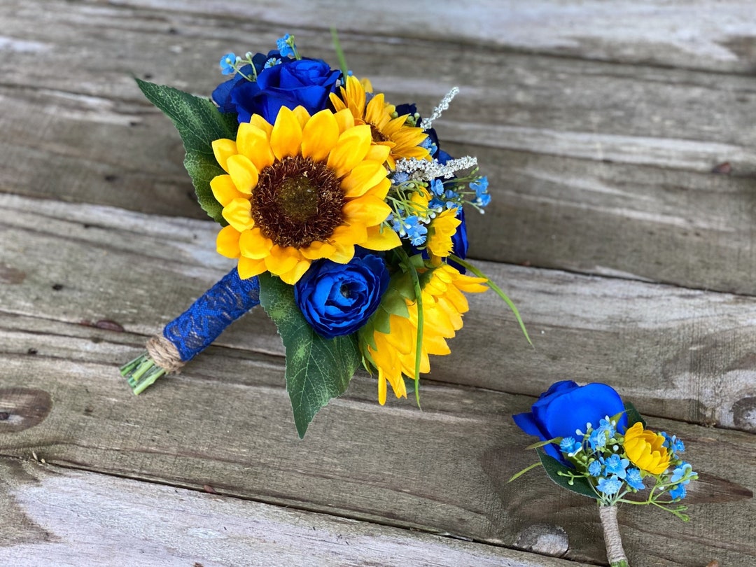 Royal Blue and Sunflower Bouquet, Sunflower and Rose Bride Bouquet ...