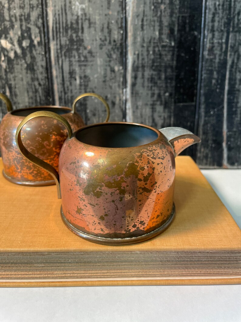 Vintage - Copper and Brass Handled Creamer and Sugar Set, Vintage ...