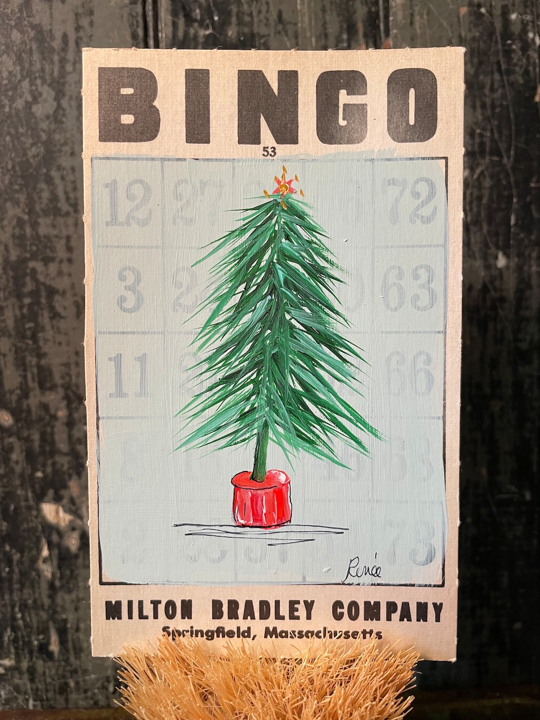 Vintage Bingo Card Art Christmas Tree Original Art - Etsy