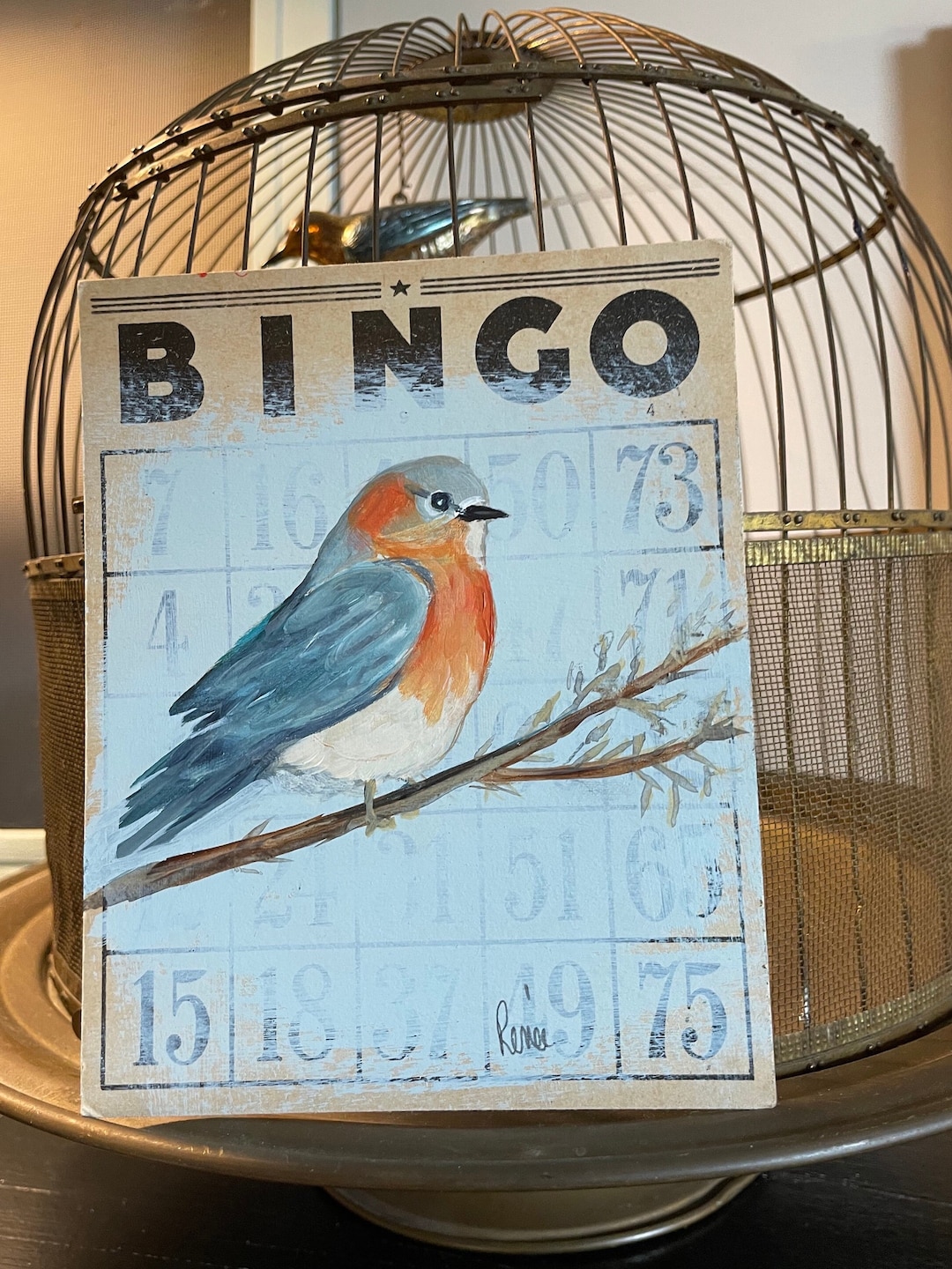 Vintage Bingo Card Art: Hand-painted Little Bird Acrylic Painting - Etsy