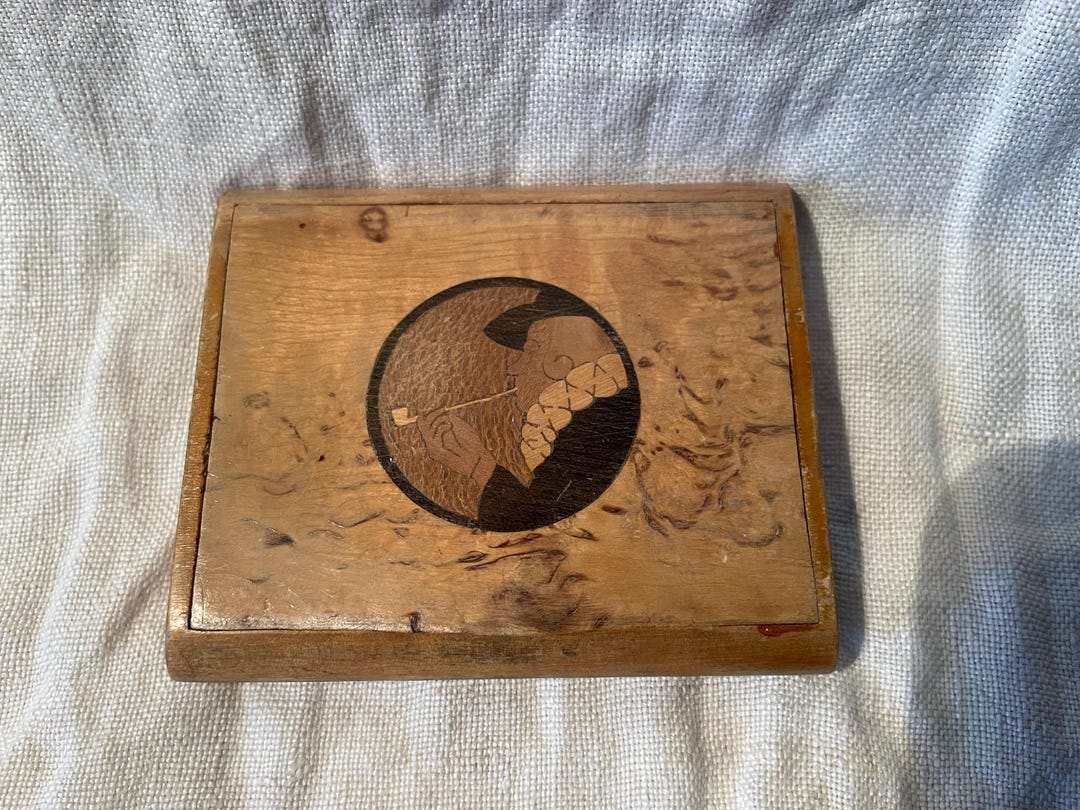 Vintage Wood Inlay Box, Cigarette Box, Man With Cigar, - Etsy