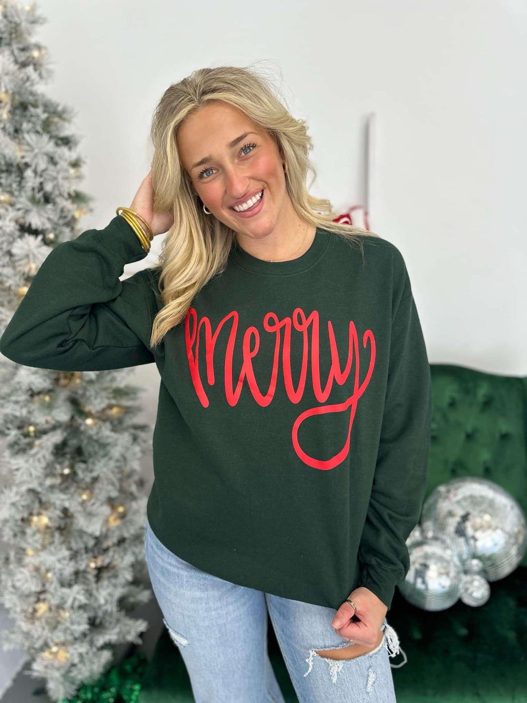 Cursive Merry Puff Vinyl Forrest Green Sweatshirt, Christmas Graphic ...