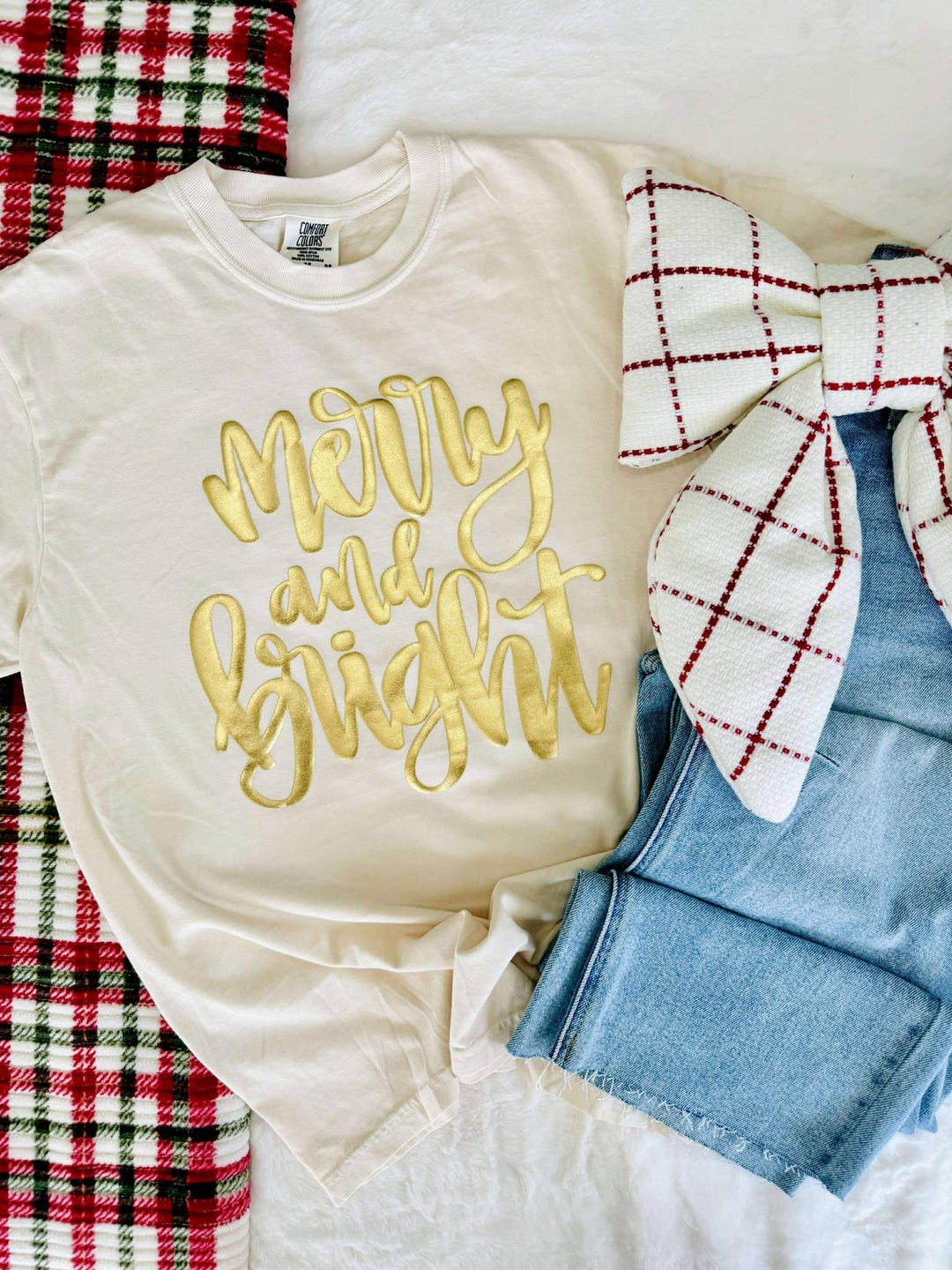 Merry & Bright Puff Vinyl Graphic Tee, Christmas, Festive Tee, Holiday ...