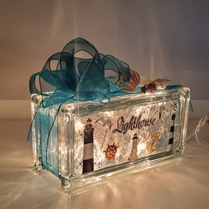 LIGHTHOUSE Lighted Glass Block Nightlight and Decor, Accented in Teal ...