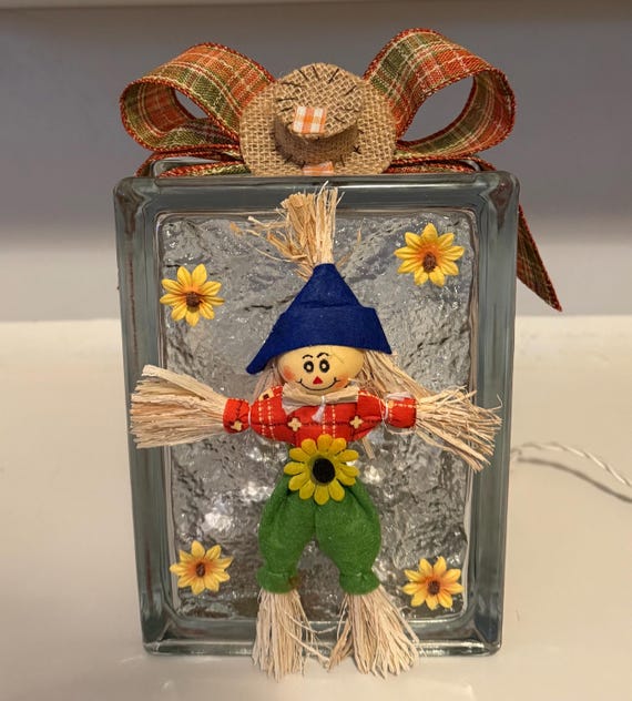 Scarecrow Lighted Glass Block Illuminated Jack O' Lantern Scarecrow