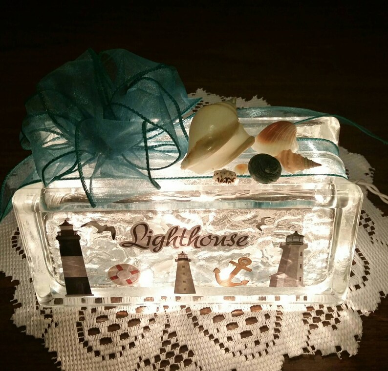 LIGHTHOUSE Lighted Glass Block Nightlight and Decor Accented | Etsy
