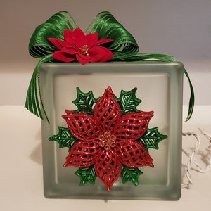 Christmas Lighted Glass Block Poinsettia Decor - Etsy