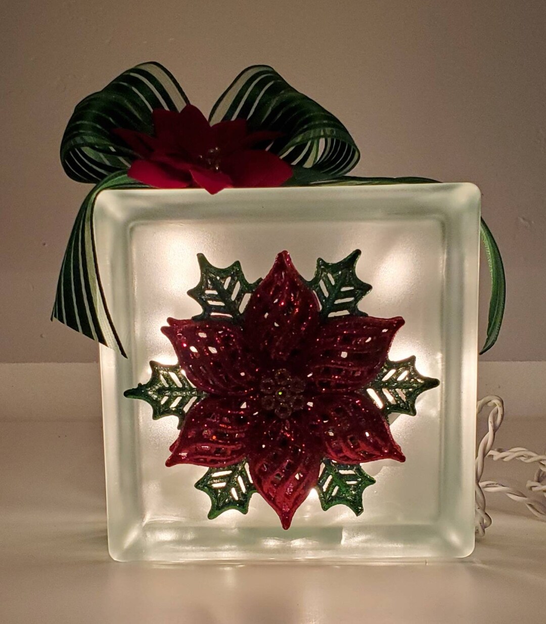 Christmas Lighted Glass Block Poinsettia Decor - Etsy