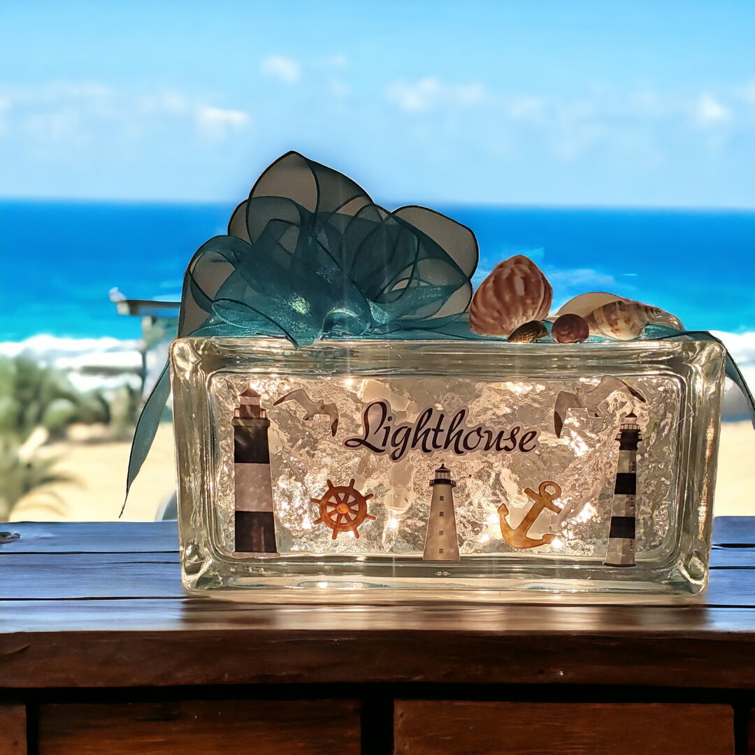 LIGHTHOUSE Lighted Glass Block Nightlight and Decor, Accented in Teal ...