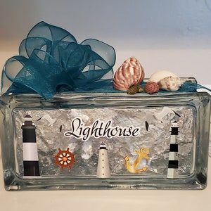 LIGHTHOUSE Lighted Glass Block Nightlight and Decor, Accented in Teal ...