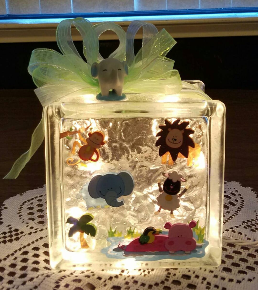 JUNGLE ANIMAL Lighted Glass Block Nightlight for Children, Baby Light ...