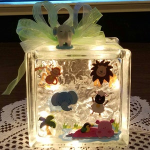 JUNGLE ANIMAL Lighted Glass Block Nightlight for Children, Baby Light ...