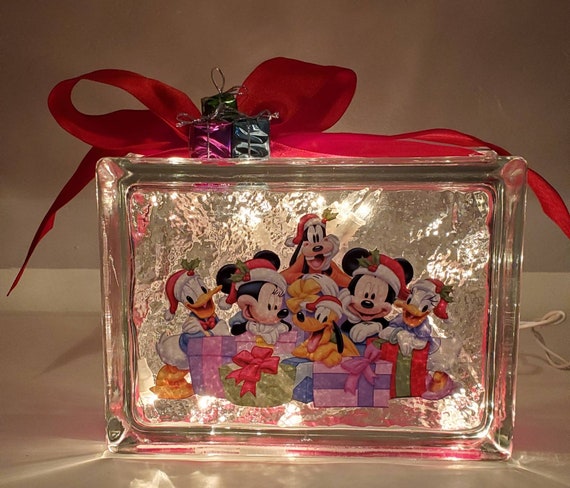Mickey and Friends Holiday Lighted Glass Block Disney - Etsy