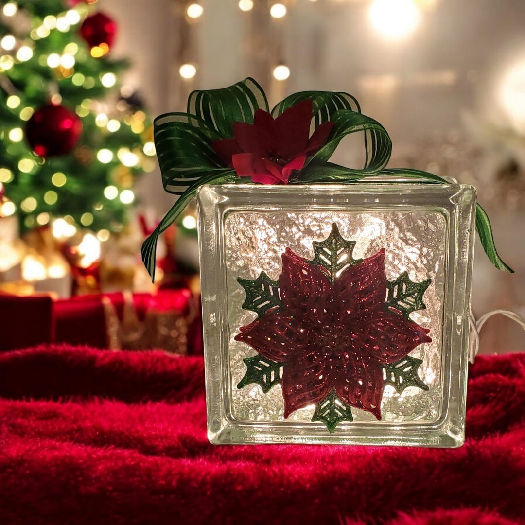 Christmas Lighted Glass Block | Poinsettia Decor - Etsy