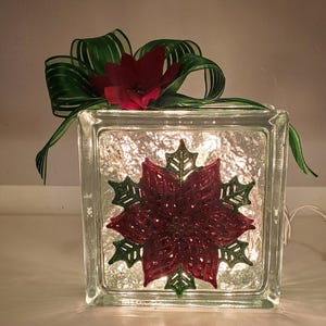 Christmas Lighted Glass Block | Poinsettia Decor - Etsy